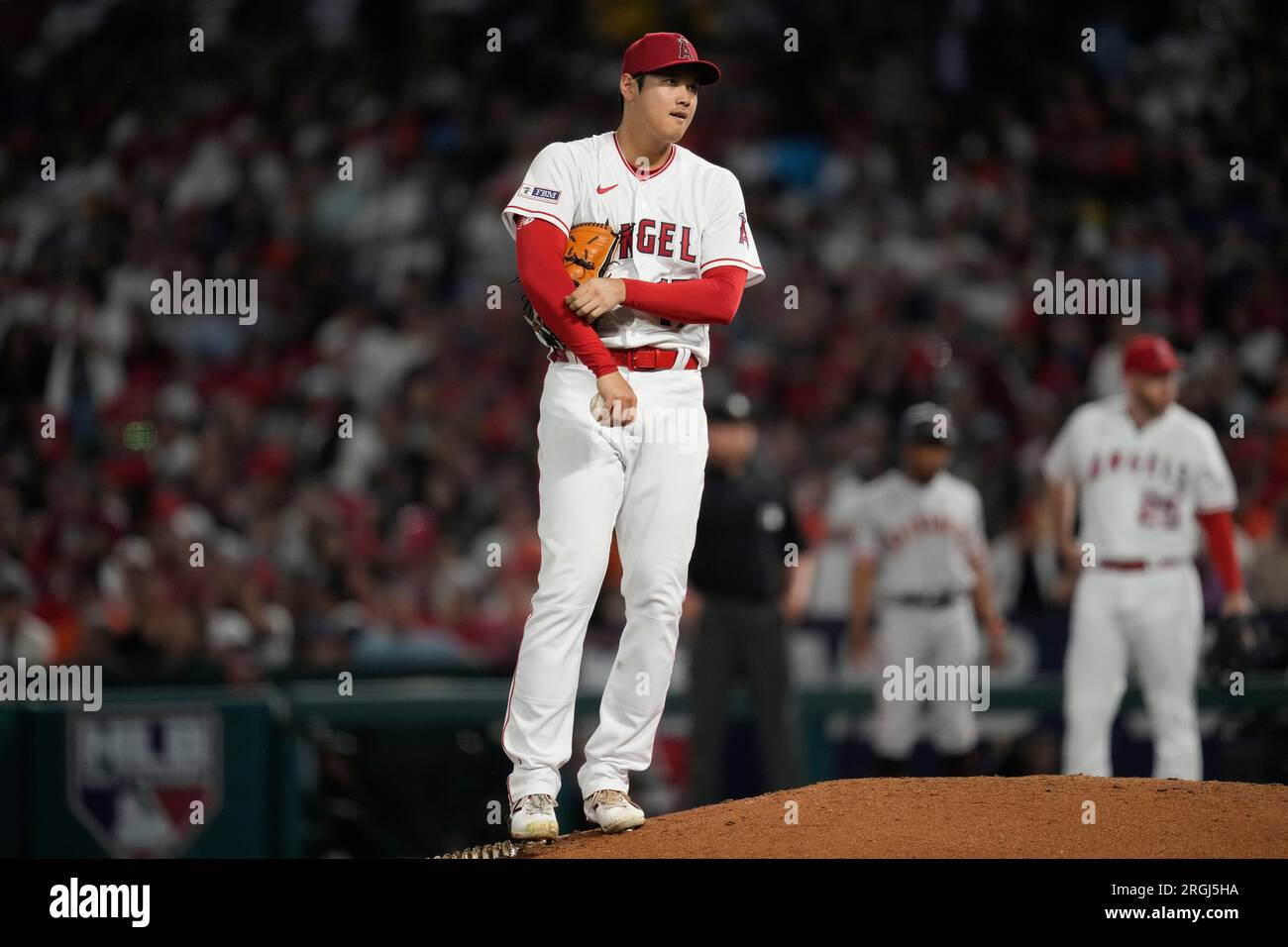 Los Angeles Angels starting pitcher Shohei Ohtani (17) reacts after ...