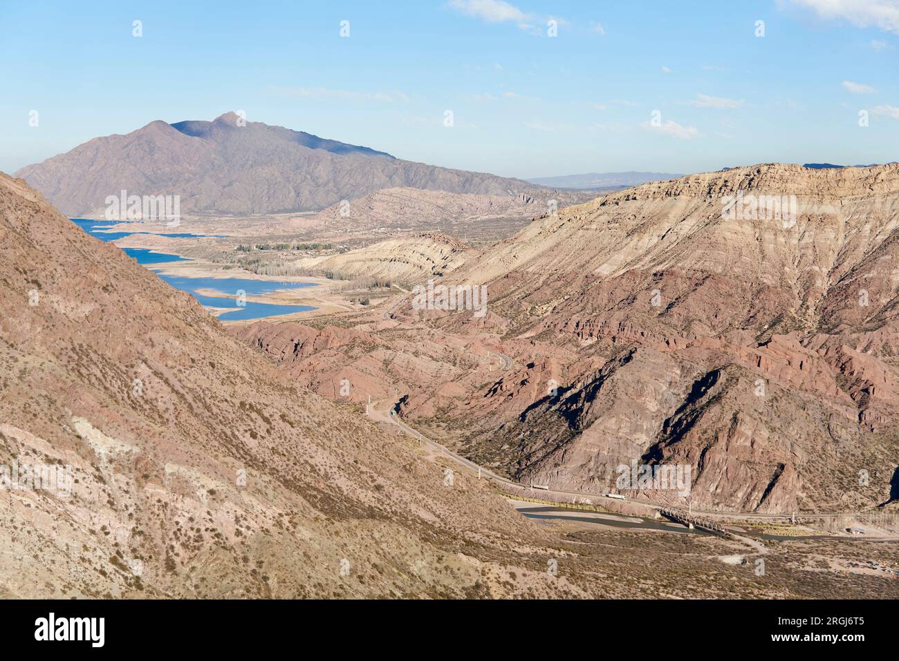 Andean mountain scenery in Argentina, the Mendoza river flows through a ...