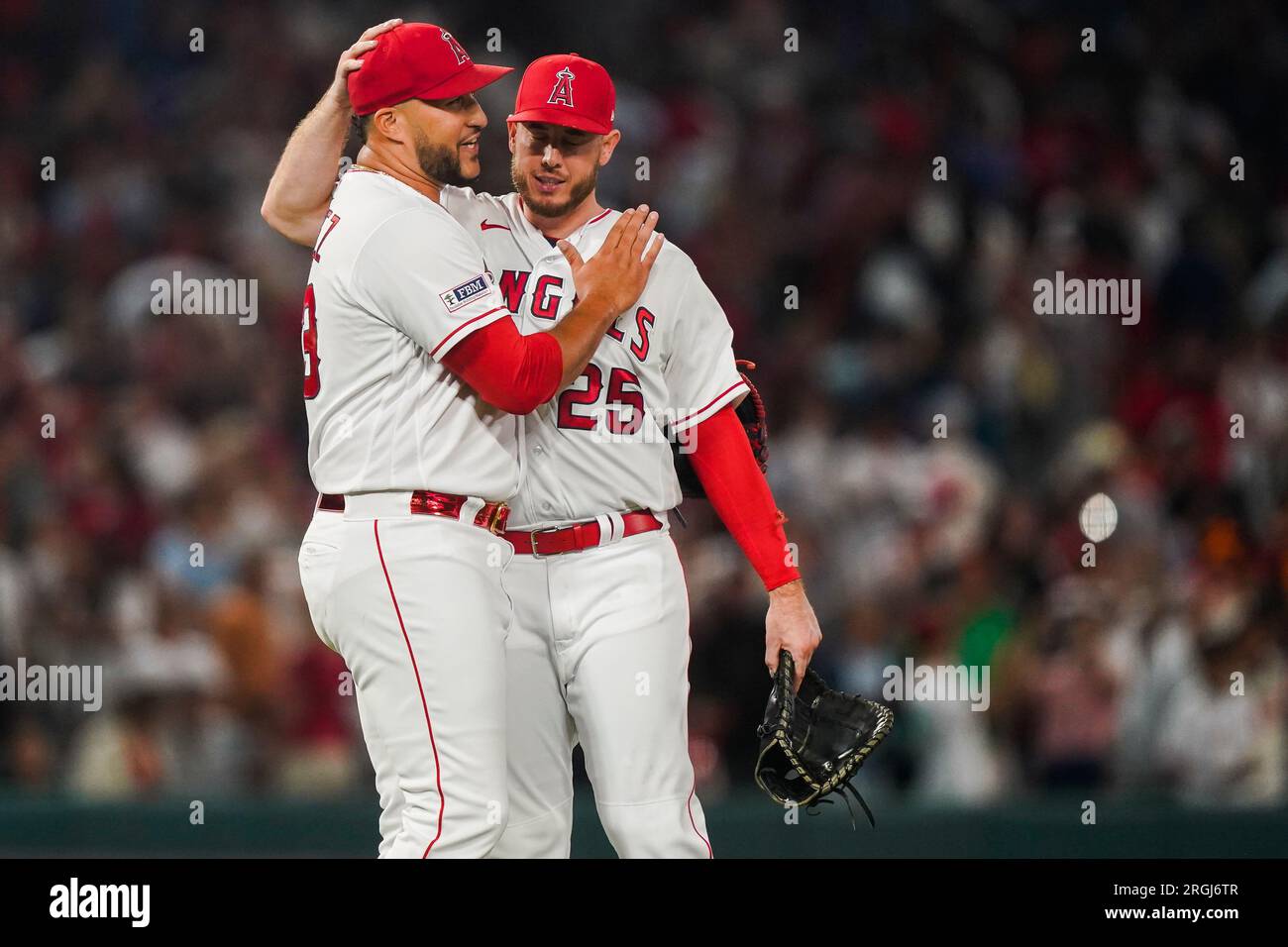 Los Angeles Angels relief pitcher Carlos Estevez celebrates with C.J ...
