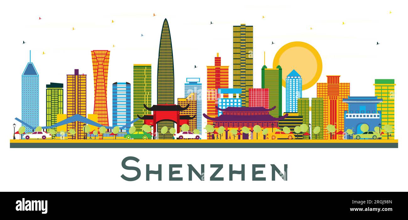 Shenzhen China City Skyline with Color Buildings isolated on white ...