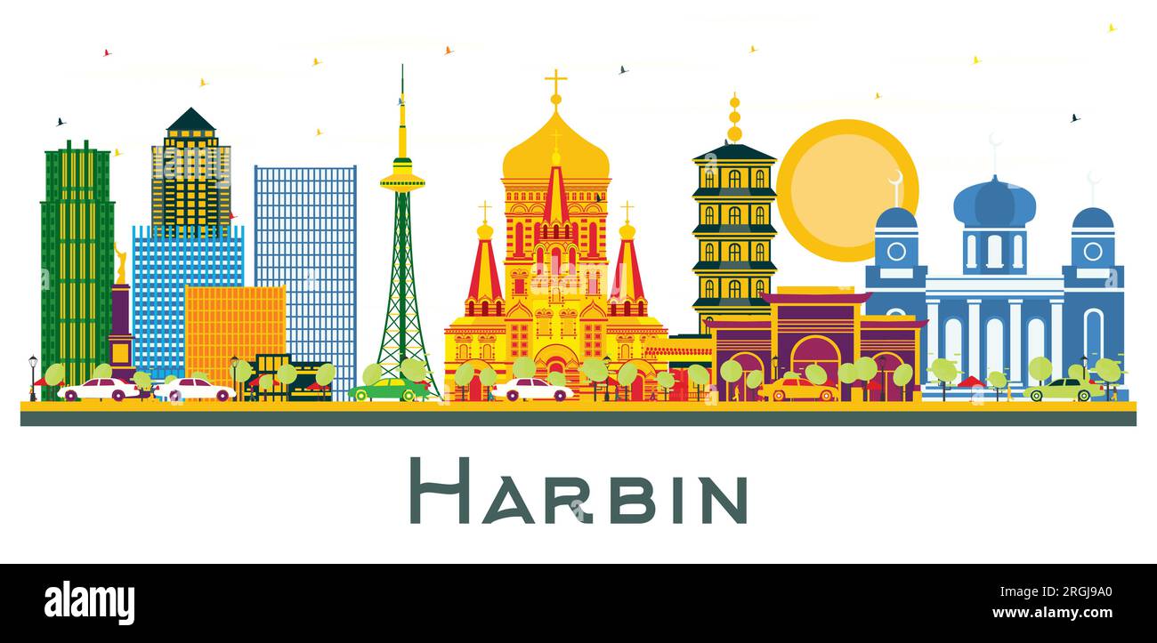 Harbin China city Skyline with Color Buildings isolated on white ...