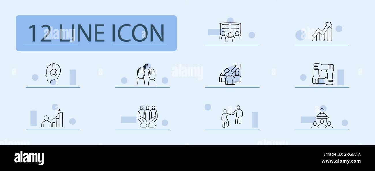 Teamwork line icon. Hands, palm, headphones, people, team, cooperation ...