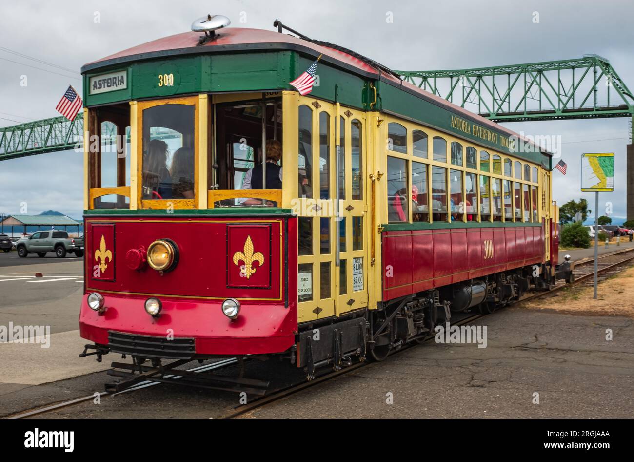 Astoria Riverfront Trolley with tourists on a tour in town Astoria USA ...