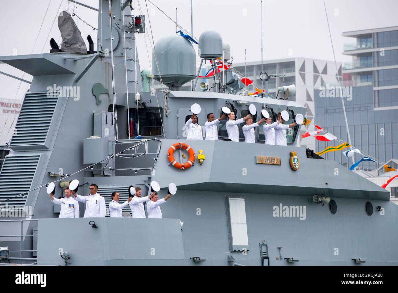 Crew of HMNZS Hawea salute the Governor General, Dame Patsy Reddy as ...
