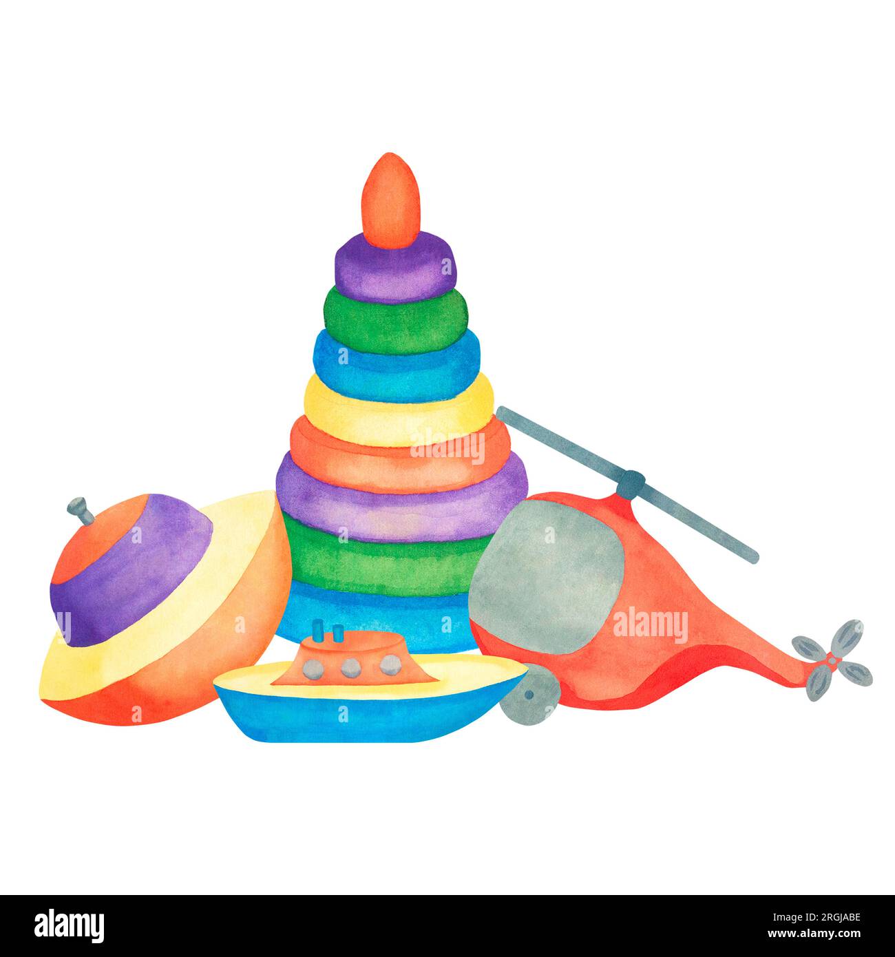 Kids toys. Watercolor illustration of a pyramid, spinning top ...