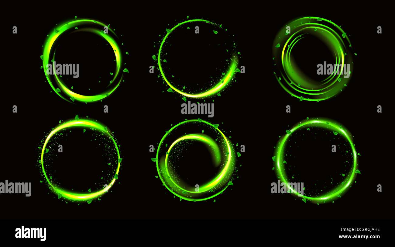 Magic green neon light glow circle with leaves. Abstract sparkle ring ...