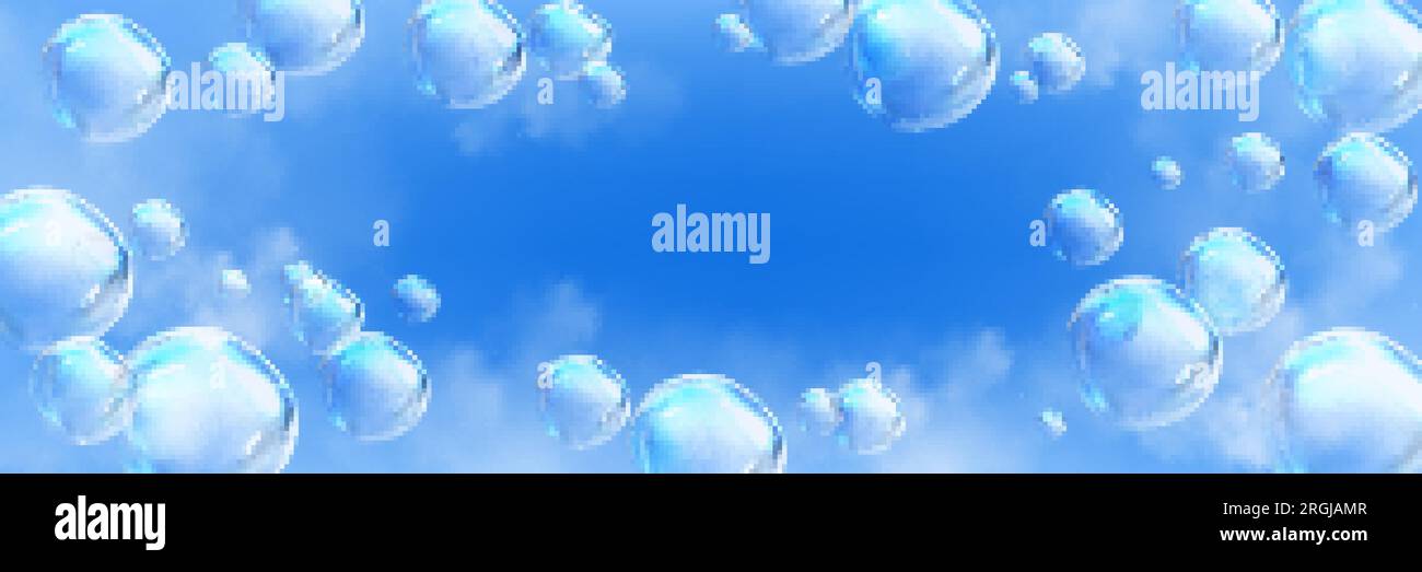 Light soap bubbles flying in blue sky. Abstract background with ...