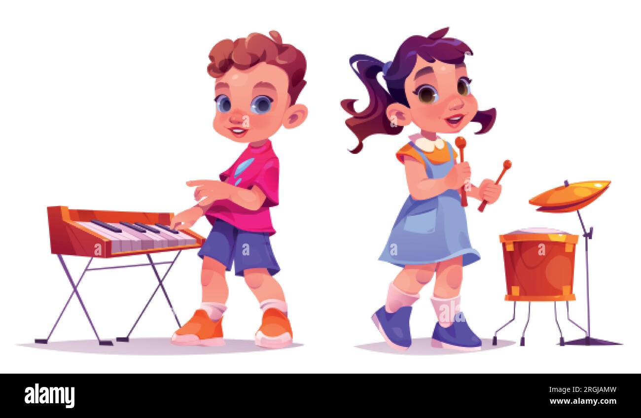 Boy and girl playing piano and drums isolated on white background ...