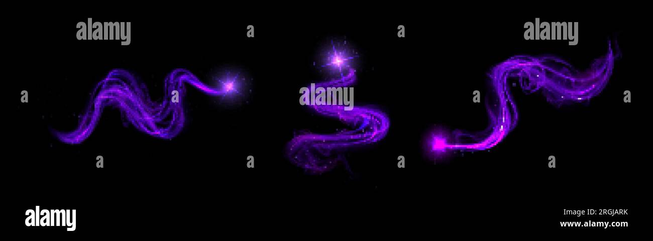 Realistic set of purple light vortex effects isolated on black ...