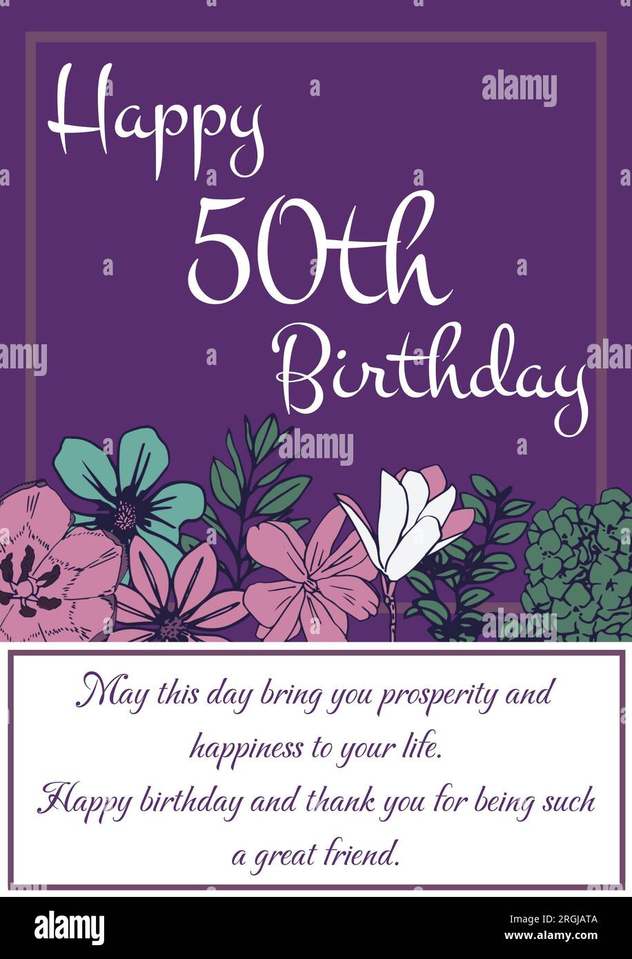 Happy 50 birthday text with flowers pattern on purple background Stock ...