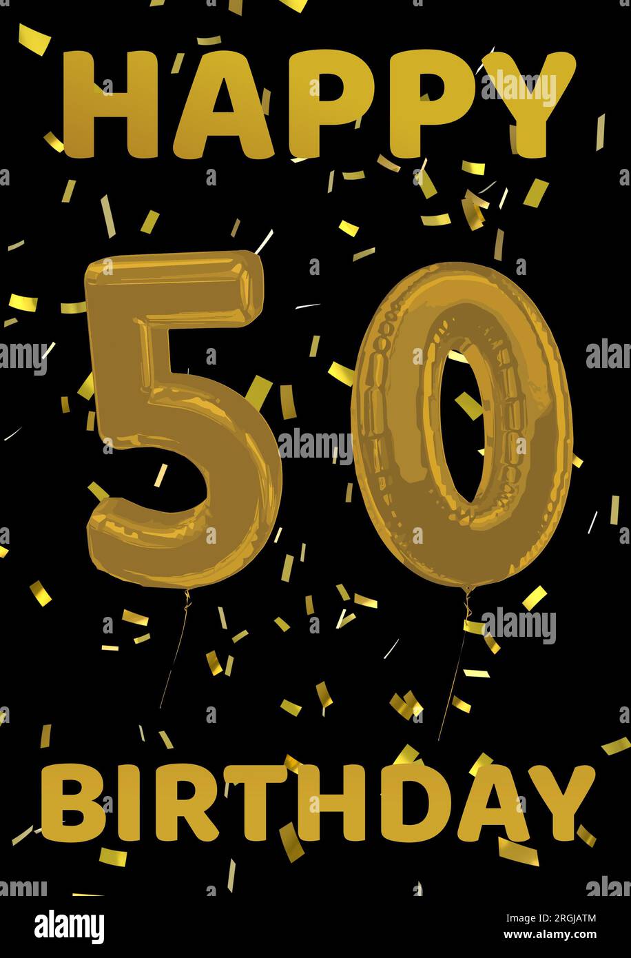 Happy 50 birthday text balloon with confetti on black background Stock ...