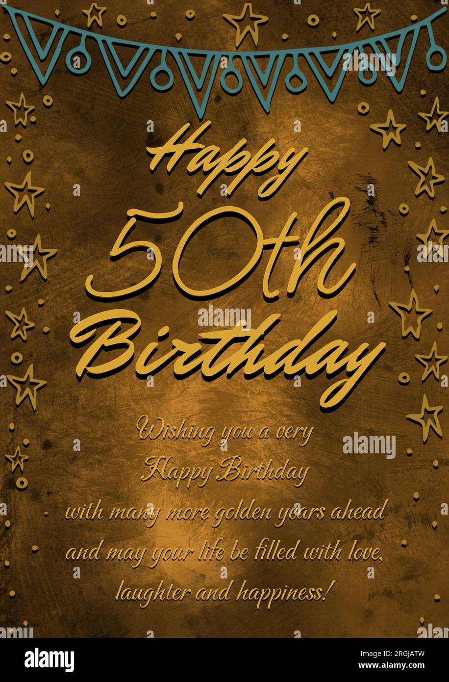 Happy 50 birthday text with bunting and star pattern on brown ...