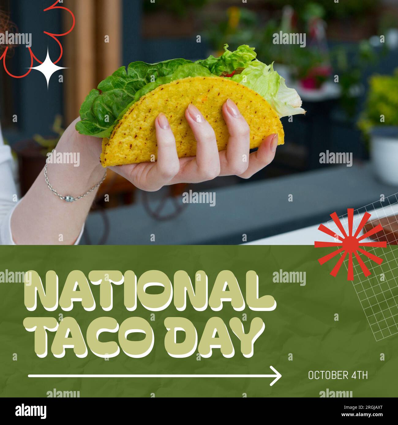 Composition of national taco day text and hand of caucasian woman with ...