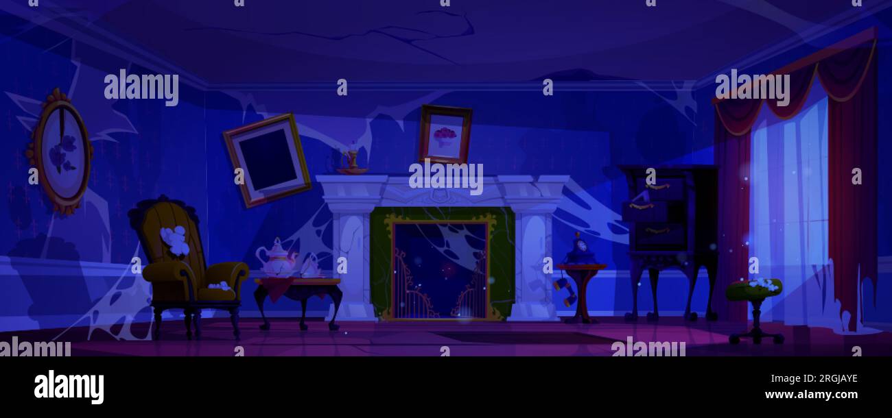 Abandoned victorian house interior with fireplace cartoon background ...