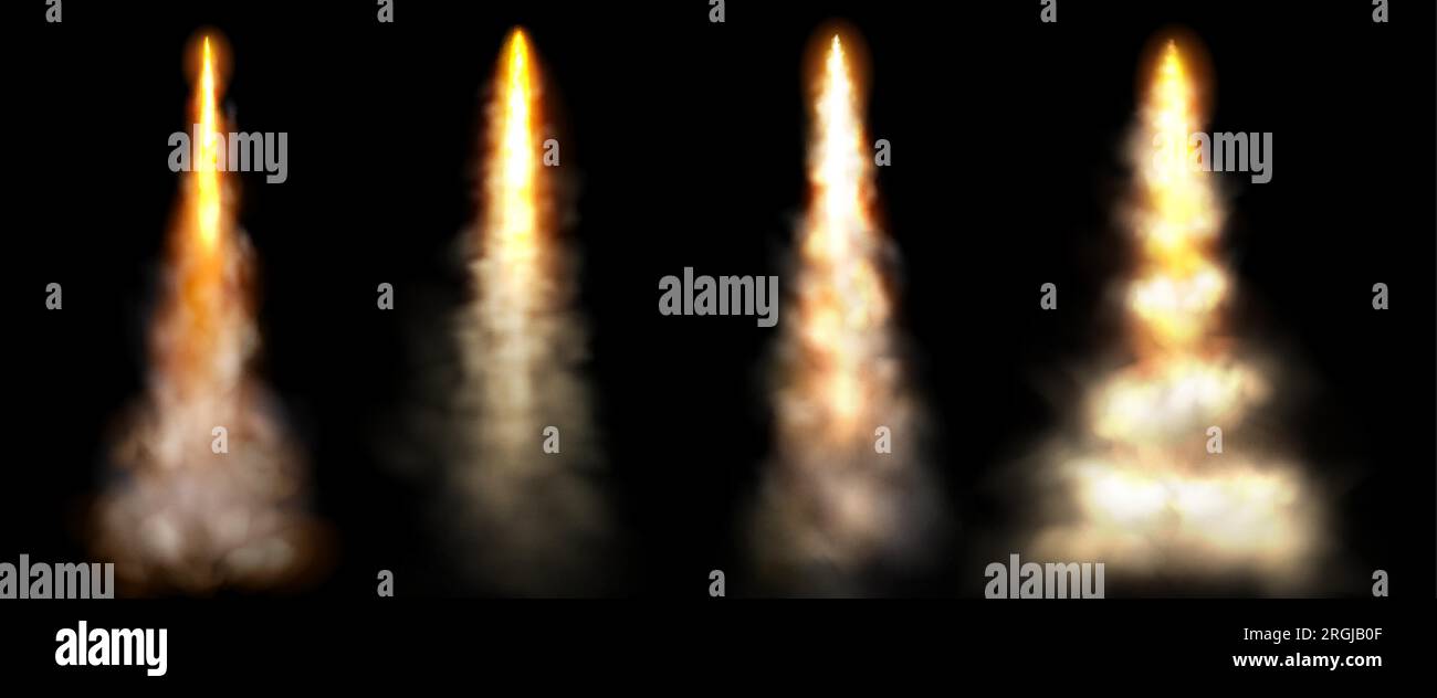 Rocket or jet fire trails with smoke clouds. Space ship, shuttle or ...