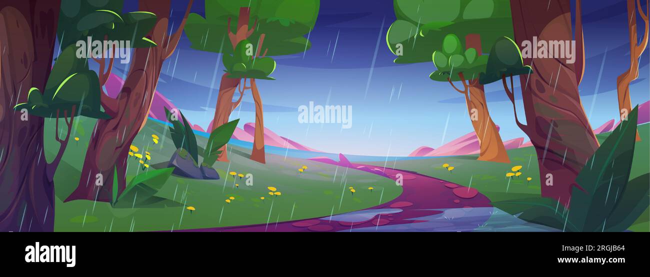 Summer rain in green forest. Vector cartoon illustration of rainy day ...