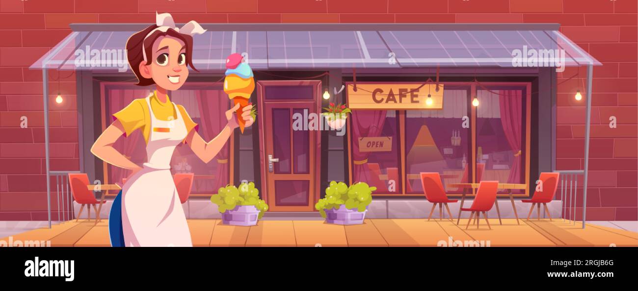 Girl outside street cafe with icecream vector illustration. woman chef ...