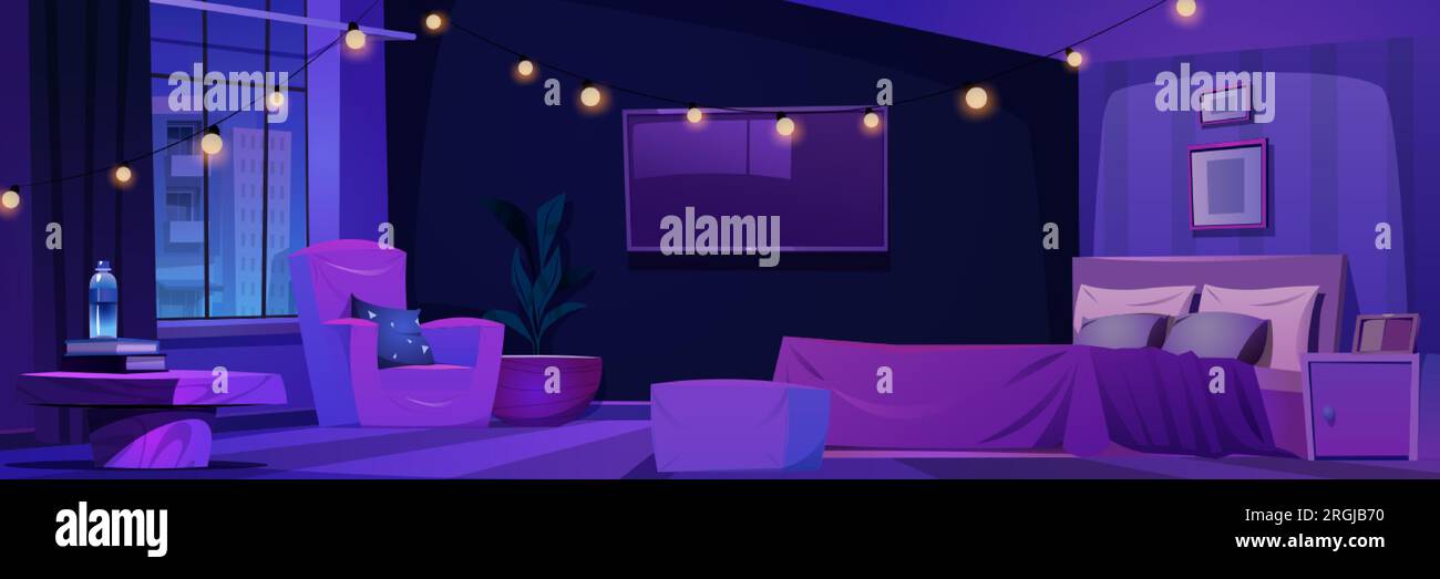 Night cozy hotel bedroom cartoon vector interior background. Empty ...