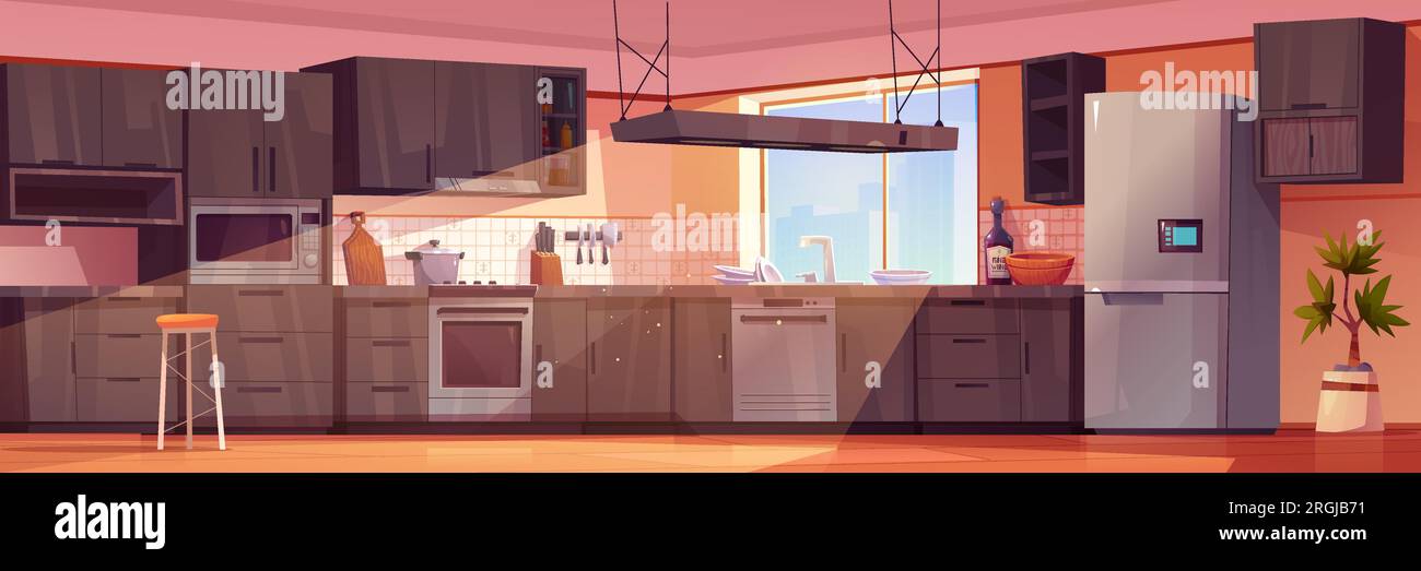 Home kitchen interior with modern furniture and clean tableware. Vector ...