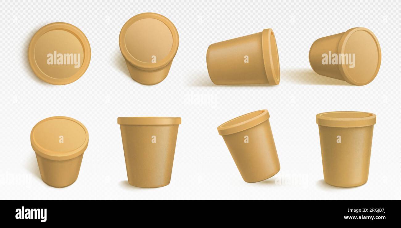 Brown ice cream cup paper package container mockup. Round yogurt bucket ...