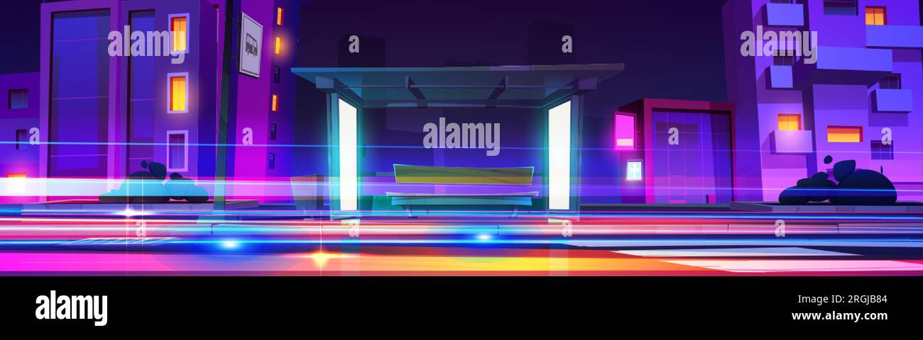 Neon city light on bus station with speed effect at night vector ...