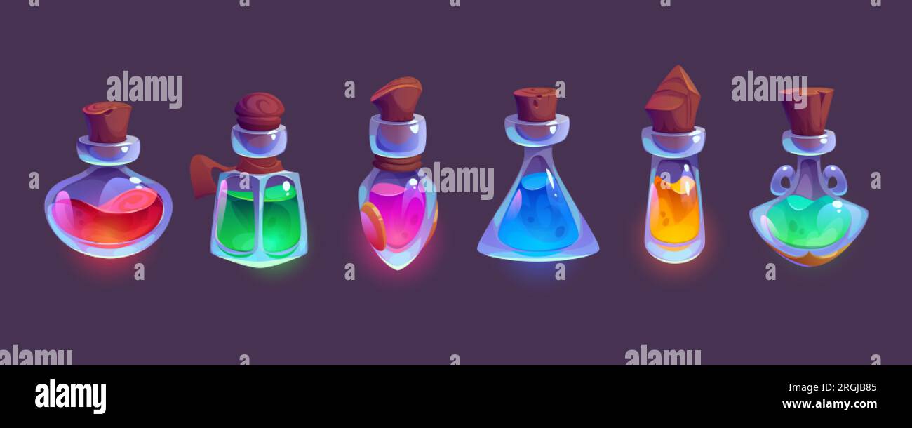 Bottles of magic elixir or potion - cartoon game vector illustration set of bright glowing ...
