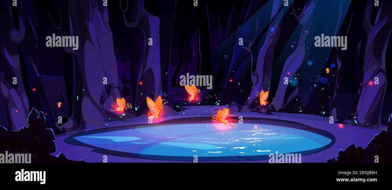 Fireflies on swamp in forest cartoon vector illustration. Magic glowing ...