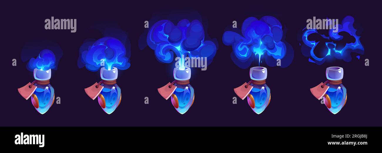 Cartoon set of blue elixir bottle with gas cloud puff effect isolated ...