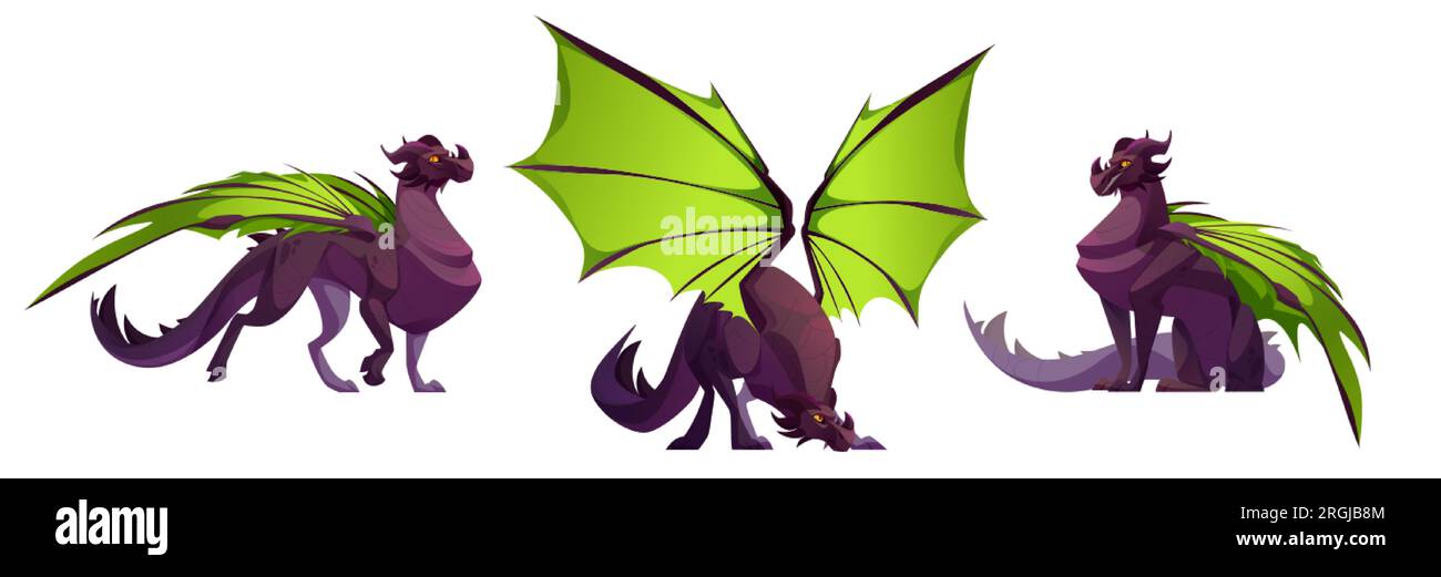 Cartoon set of black griffin character with green wings isolated on ...