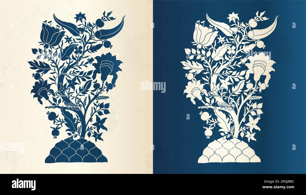 Mughal decorative ornamental blue tree. Indian intricate traditional ...