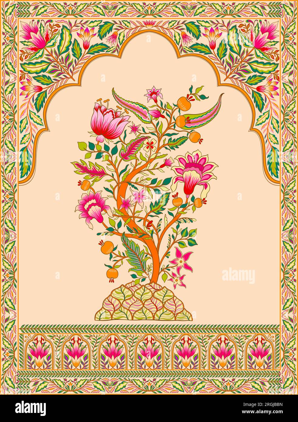 Mughal decorative ornamental tree for arch. Indian intricate traditional mughal style with tree ...