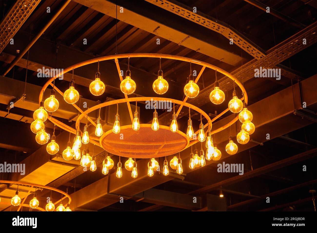 Ceiling luster with vintage retro lamps. Chandelier with many lamps ...