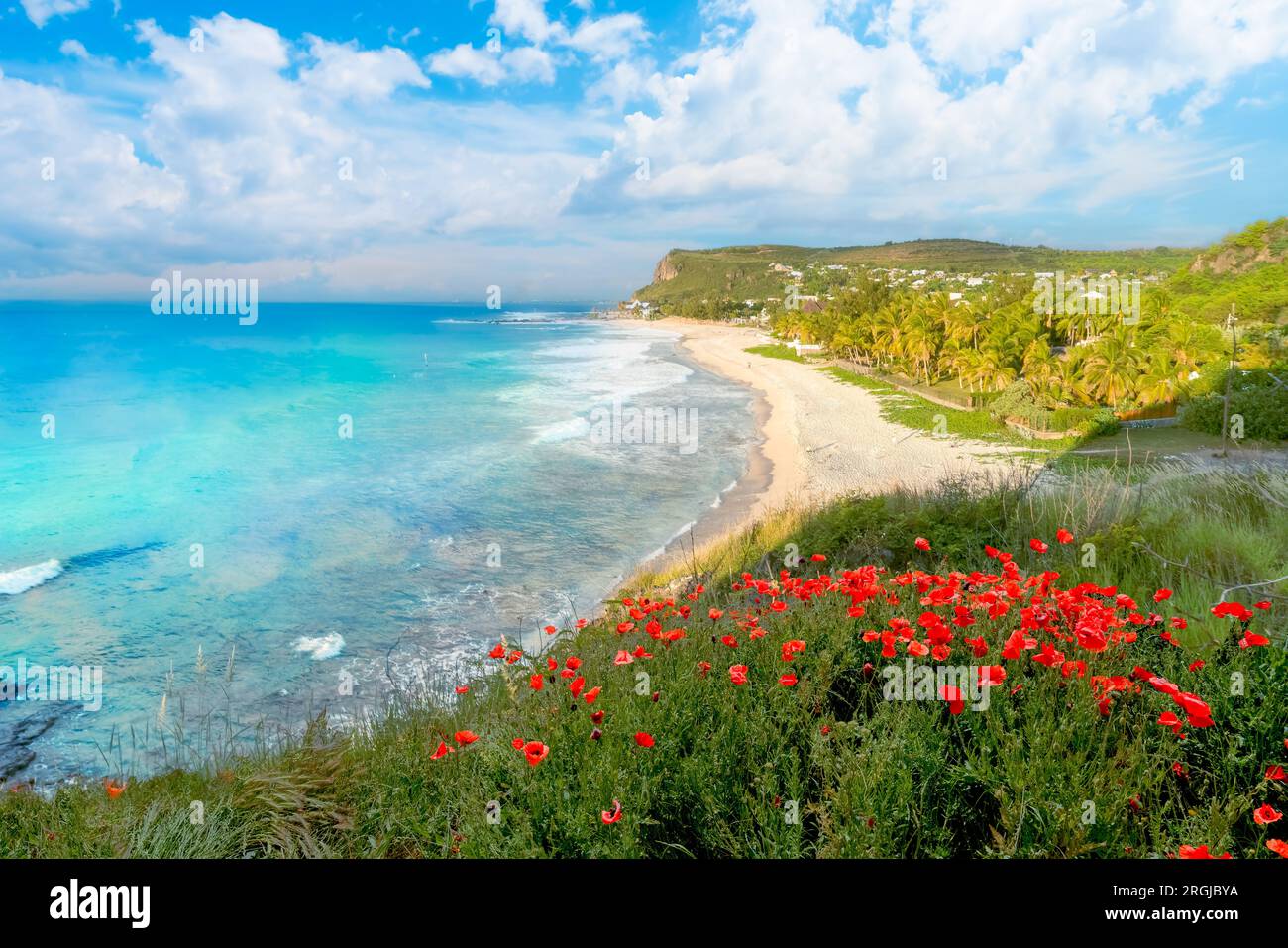 Landscape with Boucan Canot beach at Reunion Island, Africa Stock Photo ...