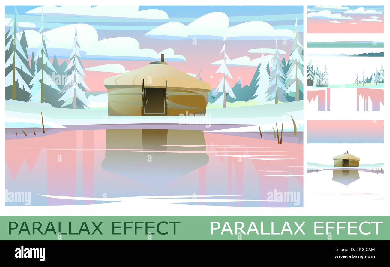 Yurt on shore of frozen lake. set of slides to create parallax image ...