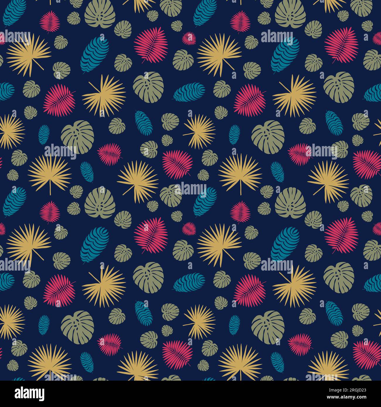 Colourful tropical leaves seamless pattern on cobalt blue background ...