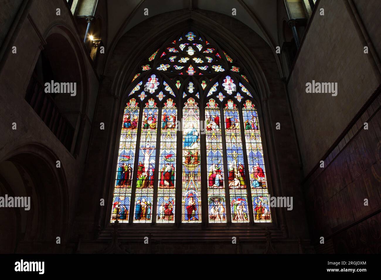 Finely detailed stained glass window set within Chichester Cathedral ...