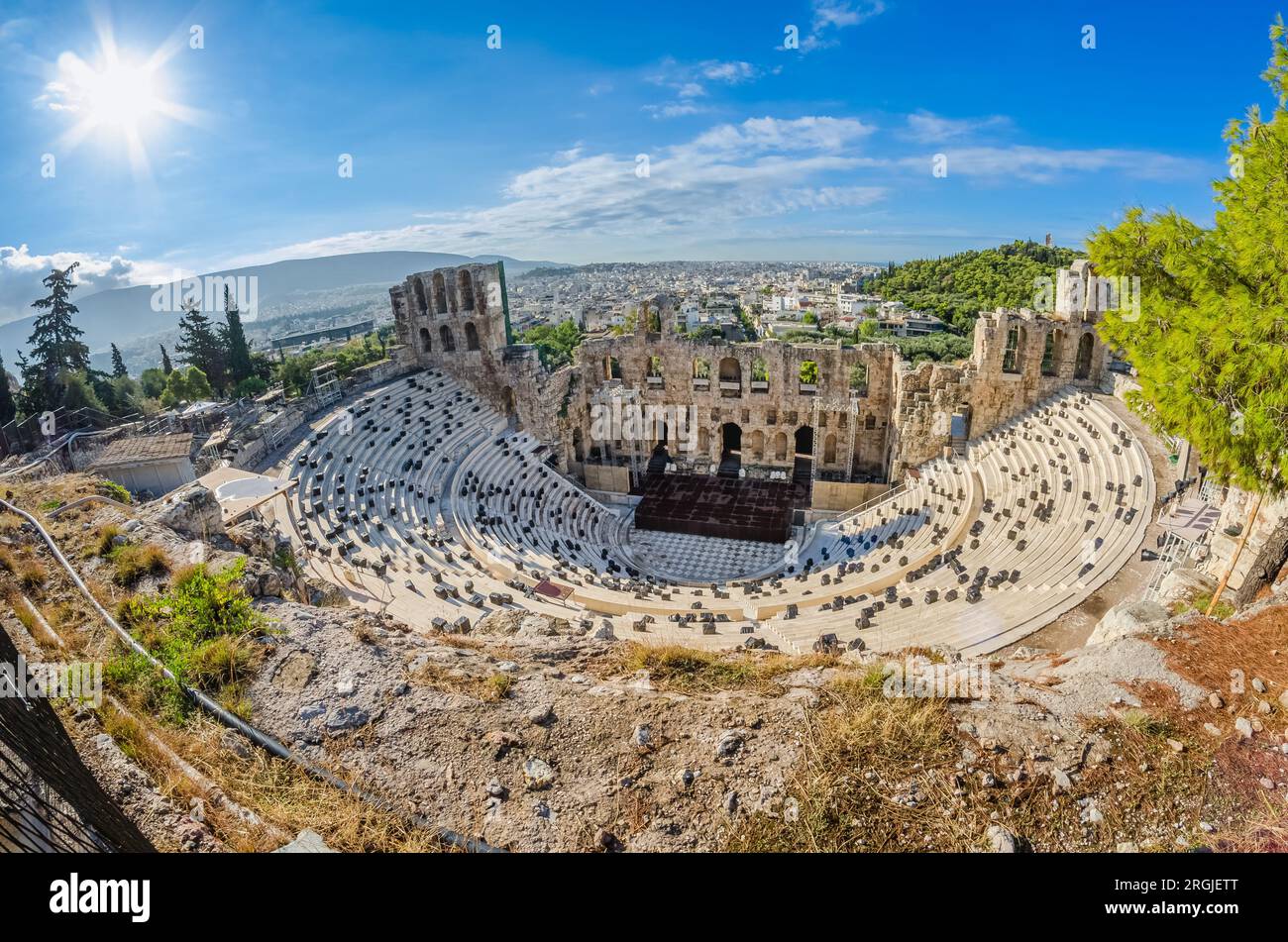 Panoramic view o the Theatre of Dionysus, ancient greek theater on a ...