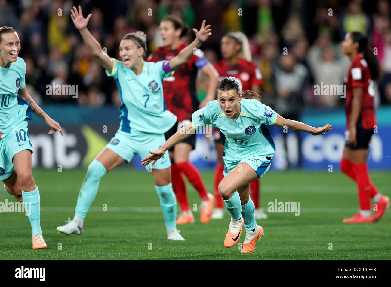 Australia's Hayley Raso, right, celebrates after scoring her side's ...