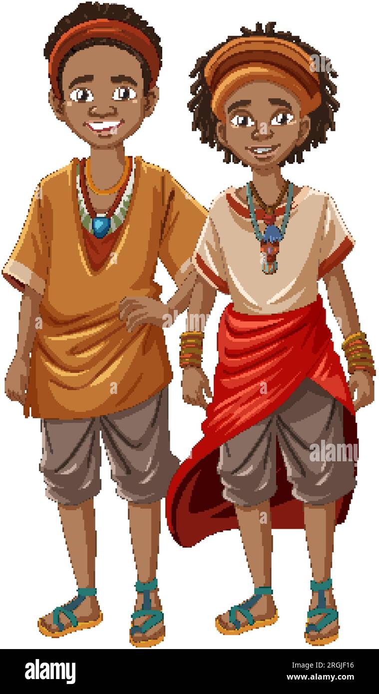 A cartoon illustration of a man and woman wearing African traditional ...