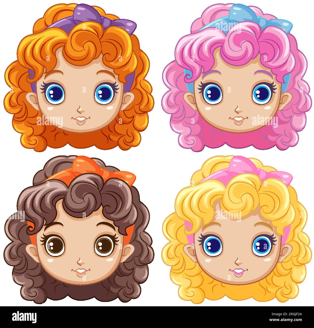 Cute Girl Head with Curly Hair Collection illustration Stock Vector ...