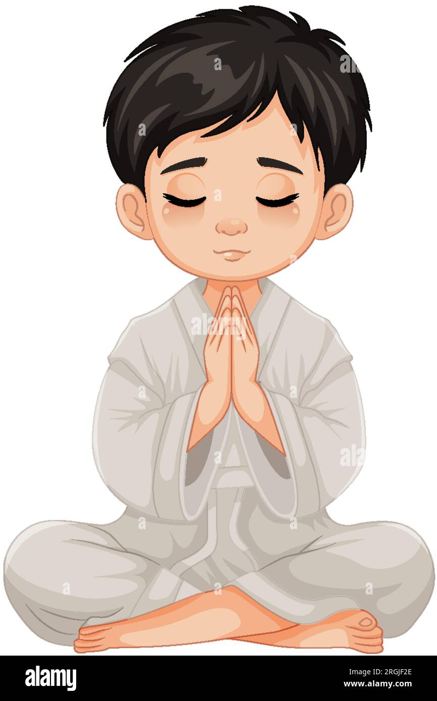 A cartoon illustration of a young boy sitting and praying in meditation ...