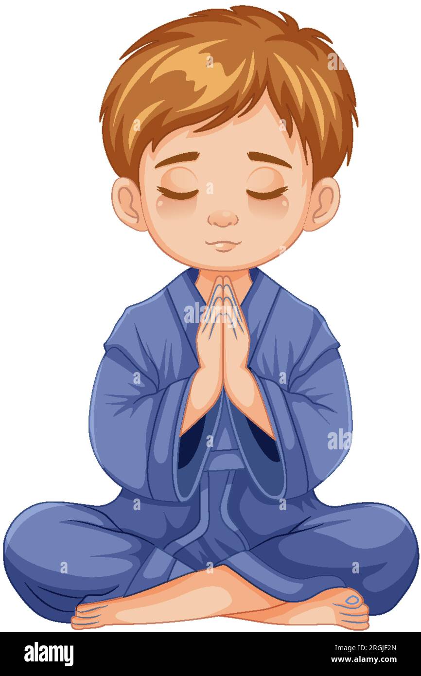 A cartoon illustration of a young boy sitting and praying in meditation ...