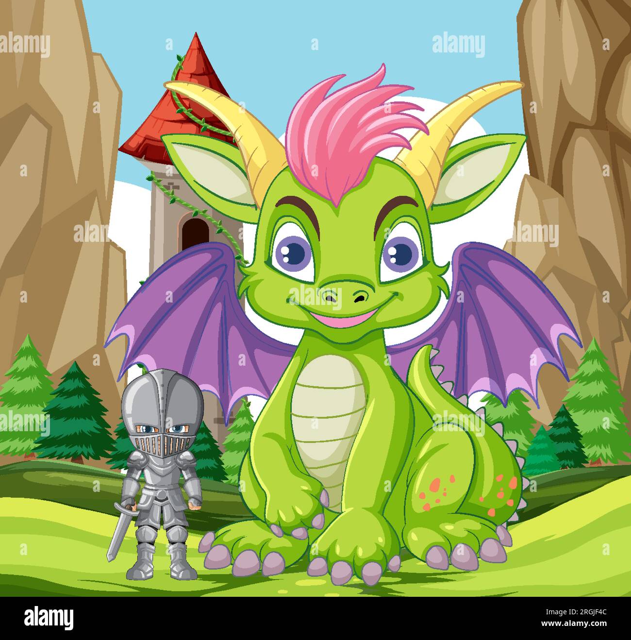 Cute Dragon with Knight in Cartoon Style illustration Stock Vector ...