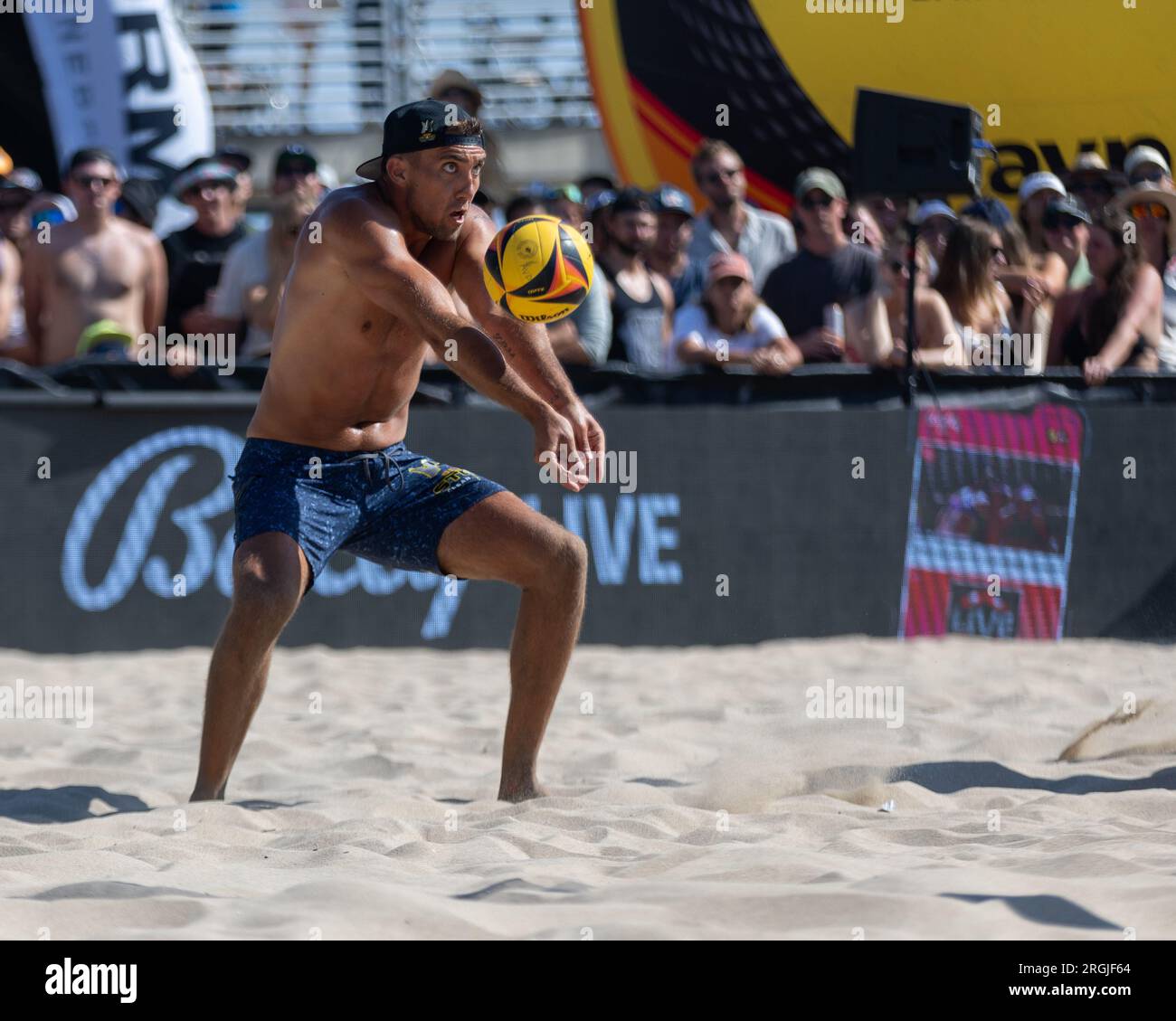 Trevor Crabb passes the ball during the AVP Hermosa Beach Open on 8 ...
