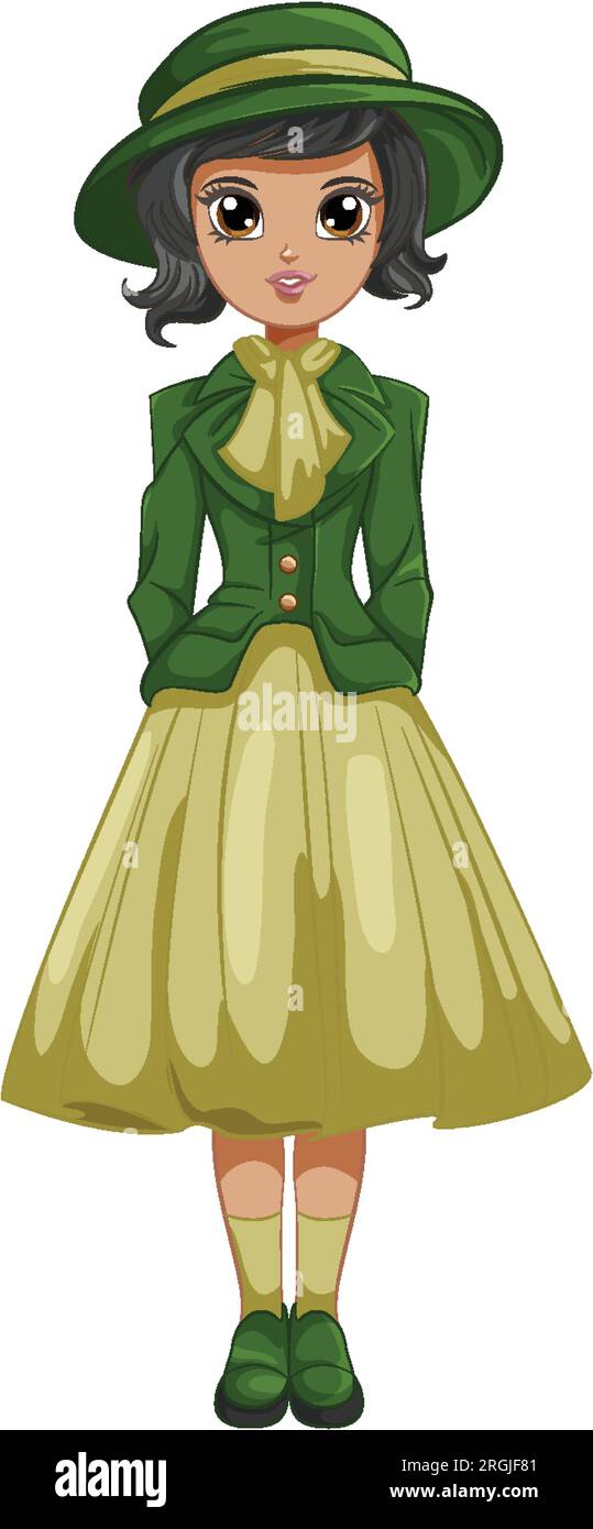 A vector cartoon illustration of a Western girl wearing a vintage ...