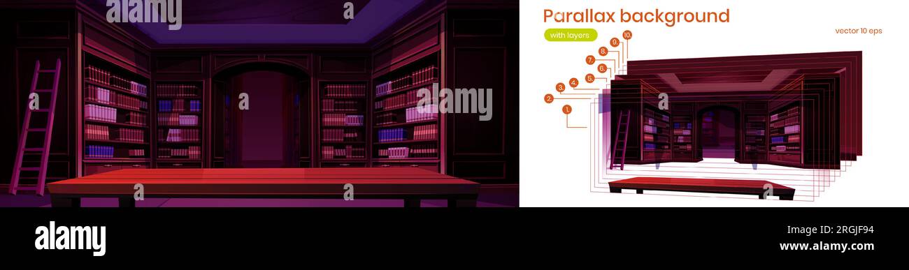 Library room with bookshelf interior animation vector background ...