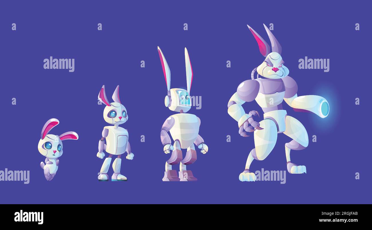 Cartoon set of rabbit robot evolution levels. Vector illustration of ...