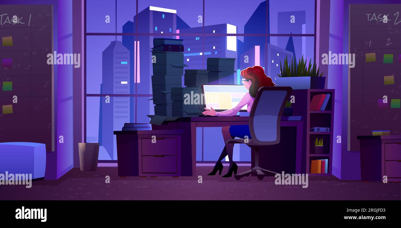 Woman in office with computer on desk at night vector illustration ...