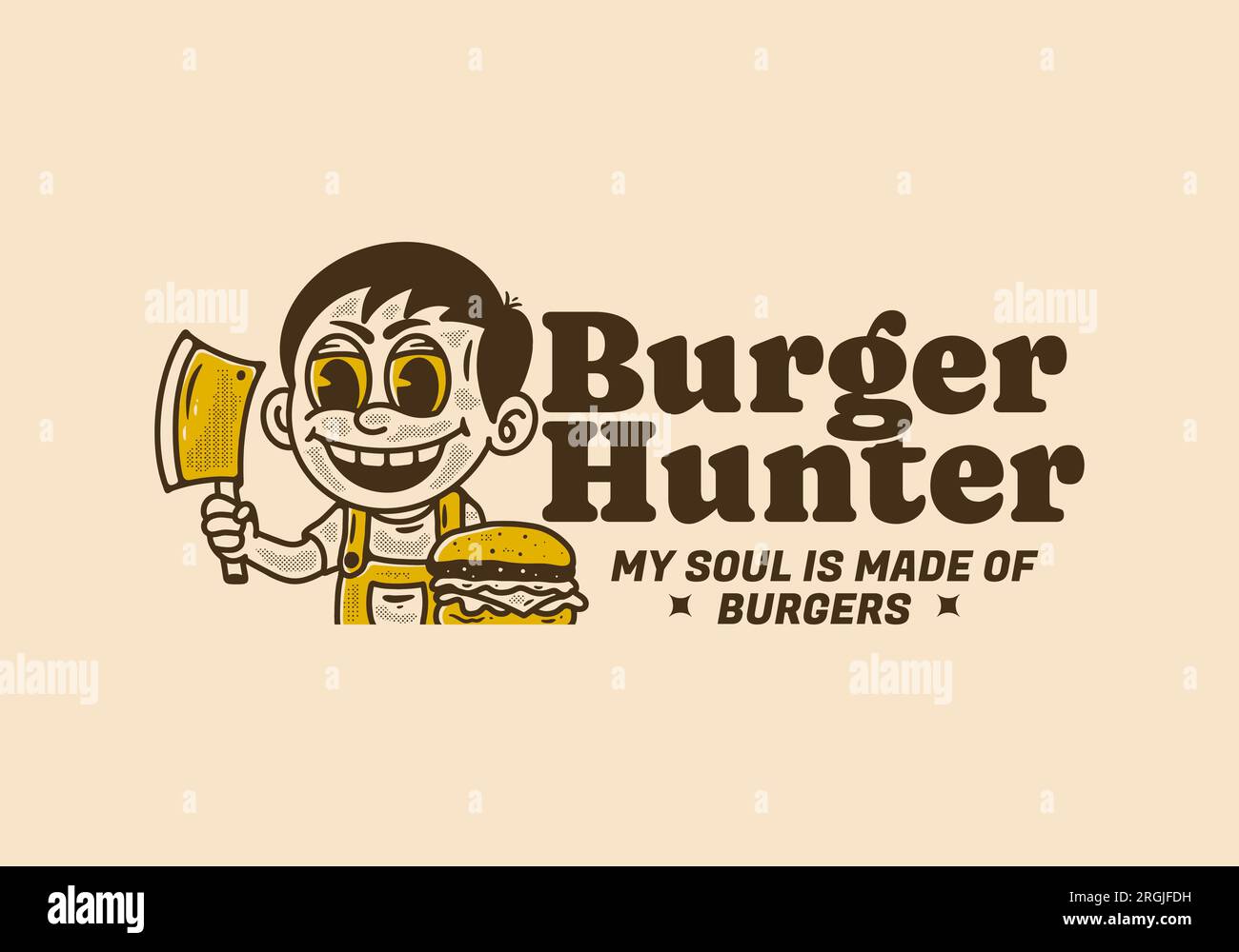 Burger hunter, illustration of a boy holding butcher knife with burger ...