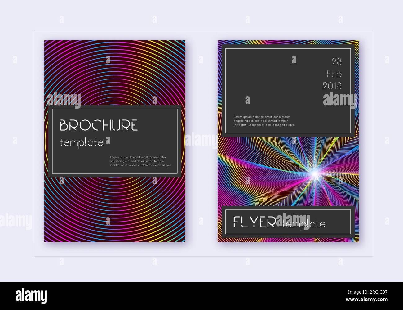 Black cover design template set. Rainbow abstract lines on wine red ...